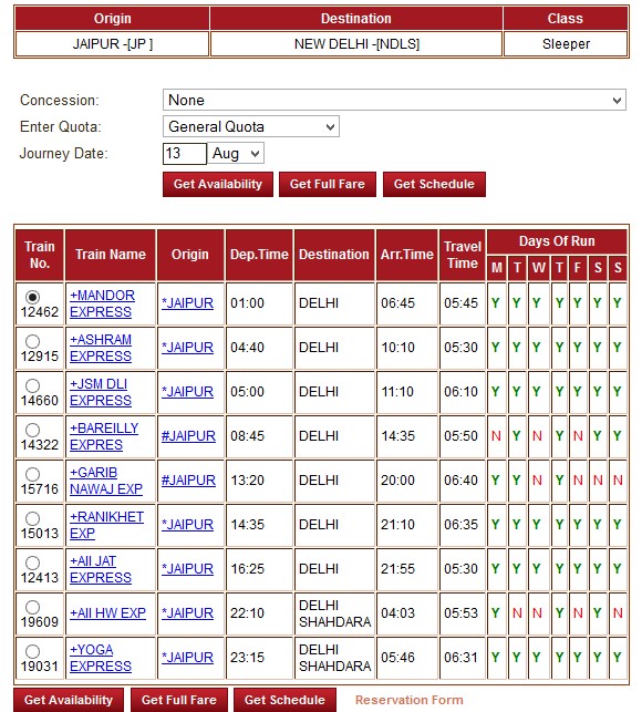 IRCTC Train Timings And Seat Availability Between Two Stations