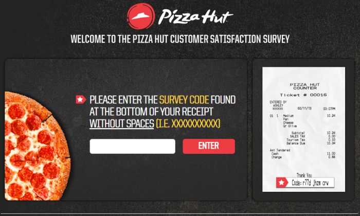 Pizza Hut Survey @ www.tellpizzahut.com | Win $1000 or $500 Cash Prize